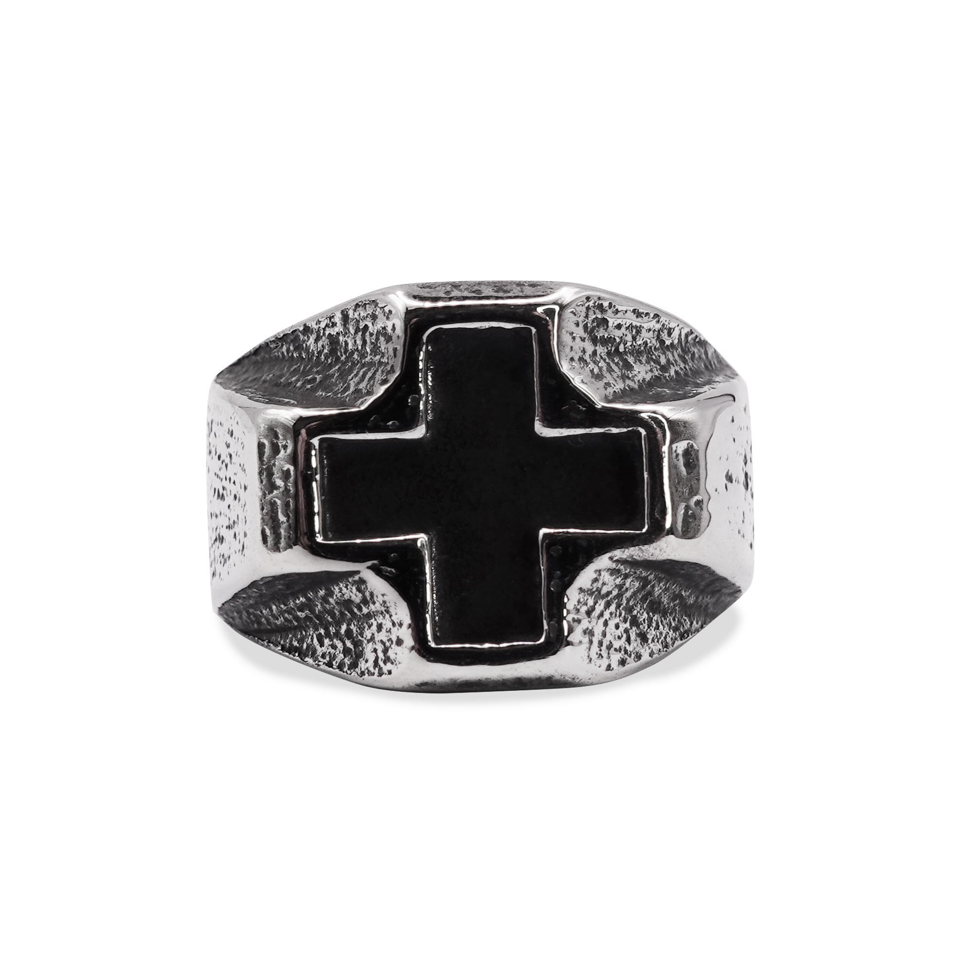 Distressed Steel Signet Ring with Chiselled Black Cross