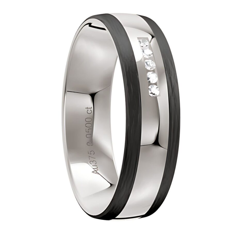 Platinum Carbon Fibre Five Diamond Mens Ring