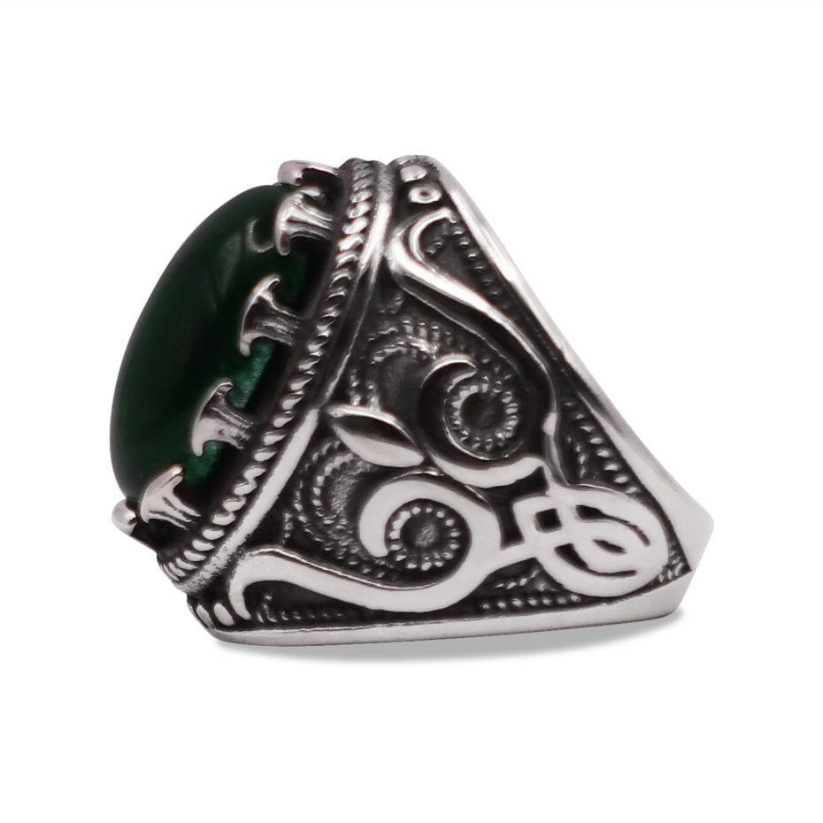 Carved Green Stone Mens Signet Ring